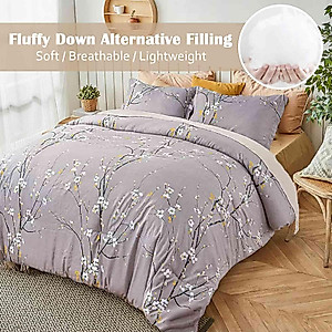 Nanko Queen Size Comforter Set, Grey Pastel Floral Print Soft Microfiber Bedding - All Season Quilted Comforter with 2 Pillowshams - Farmhouse Bed Set for Women Men 3pc 88 x 90 inch, Gray Flower