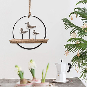 E-view Nautical Wood Wall Decoration Rustic Wooden Hanging Circle Ocean Home Decor Hand Carved Beach Themed Ornament for Door (Seagull)