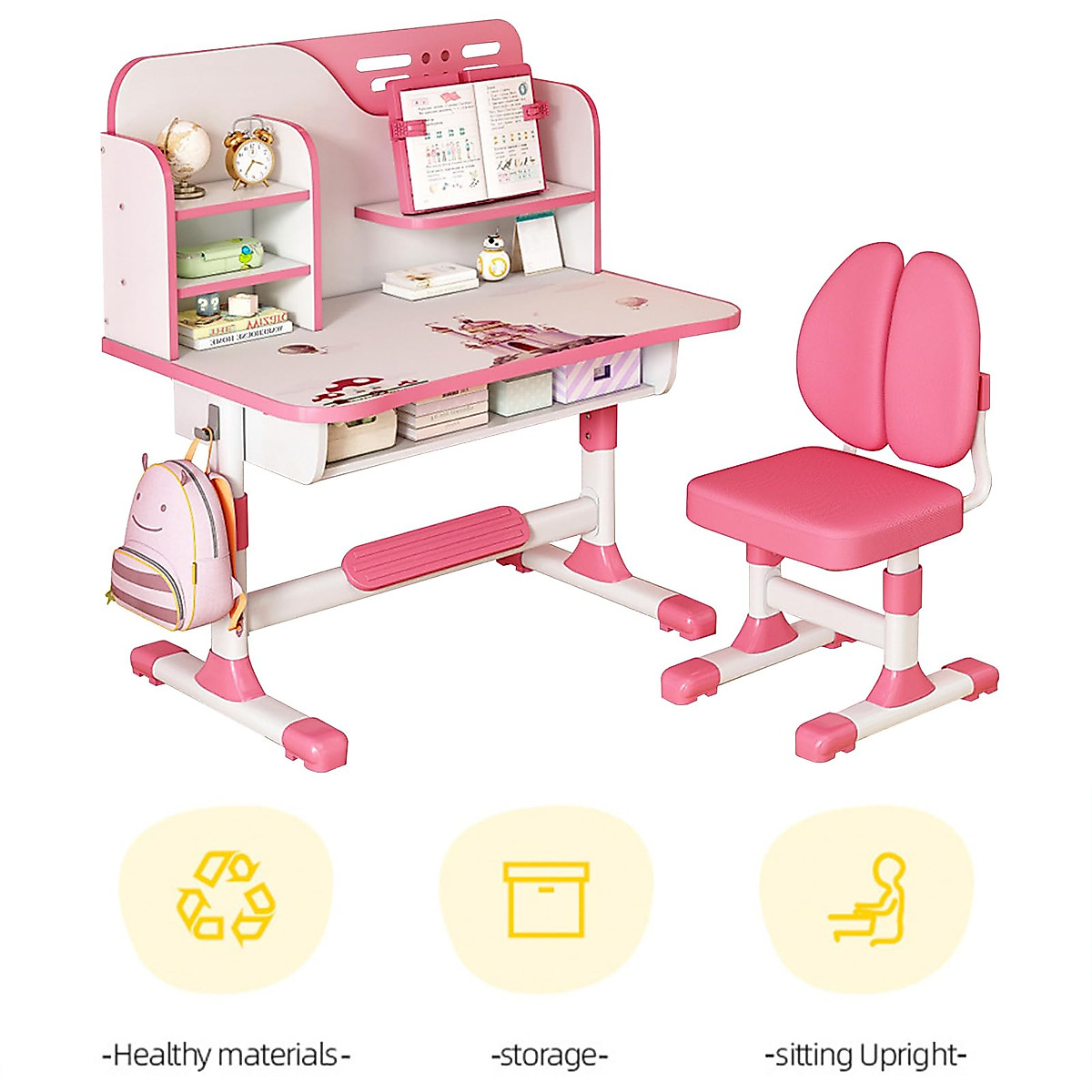 Kids Study Desk and Chair Set, Multi Functional Height Adjustable Children School Study Desk with Astronaut Pattern, Ergonomic Desk Chair with Large Writing Board, Bookshelf and Drawer (Pink)