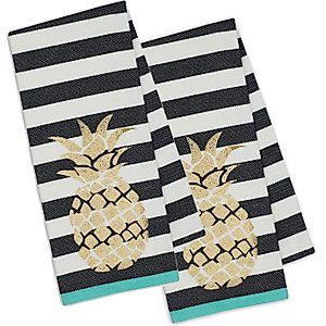 DII Set of 2 Golden Pineapple Dishtowels with Black and White Stripes (2)