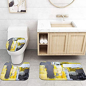 Britimes 4 Piece Shower Curtain Sets, Yellow Gray White with Non-Slip Rugs, Toilet Lid Cover and Bath Mat, Durable and Waterproof, for Bathroom Decor Set, 72" x 72"