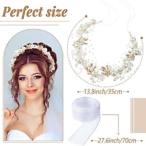 Yinder 3 Pcs Flower Headpiece Hair Accessories for Wedding Flower Headband Flower Crown Floral Tiara Rhinestone Pearl Headband for First Communion Prom(Gold)