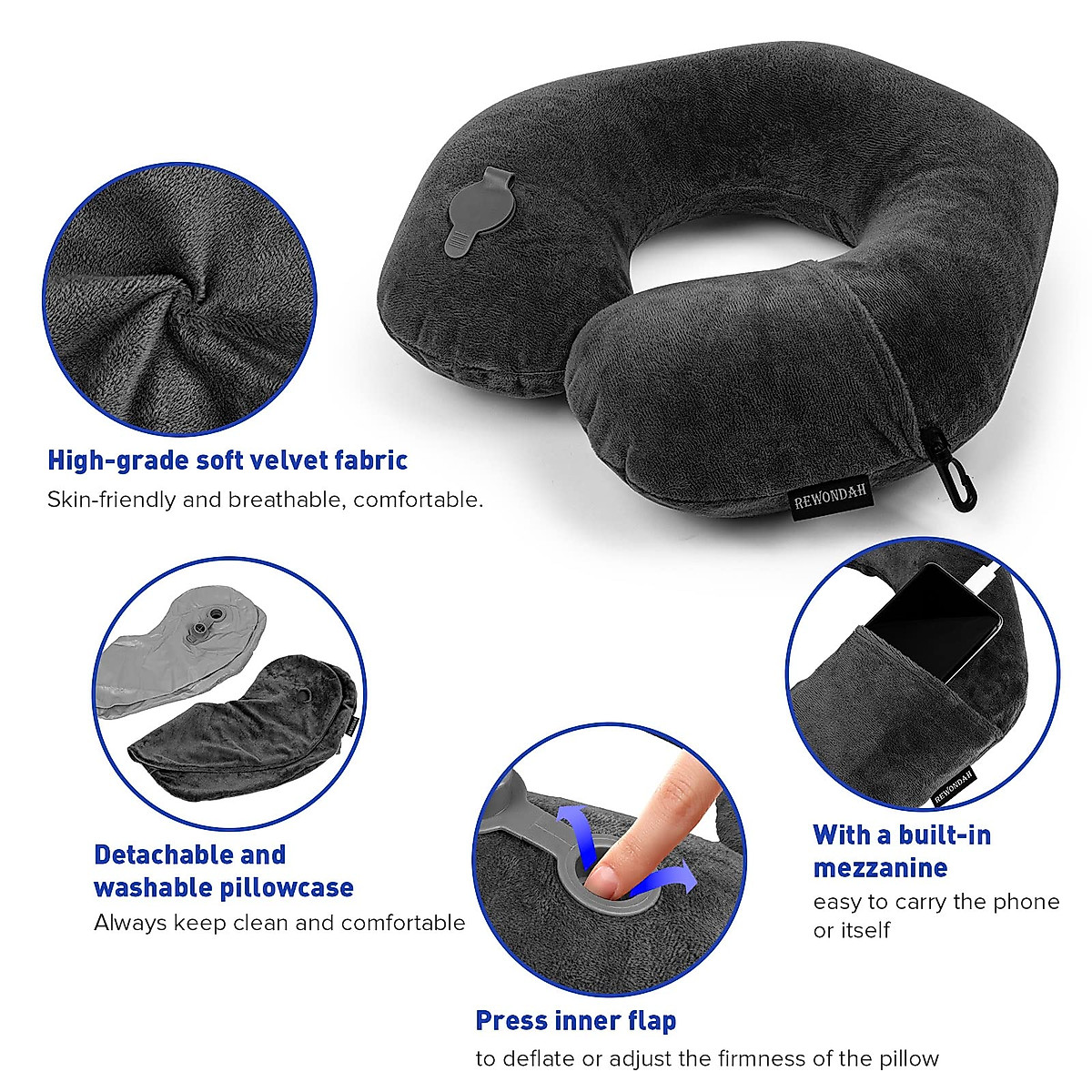 Rewondah Inflatable Travel Pillow, Inflatable Neck Pillow for Traveling Airplane, Travel Pillow Inflatable with Soft Velour Washable Cover, U Shape Blow Up Neck Pillow for Airplanes Train Car Travel