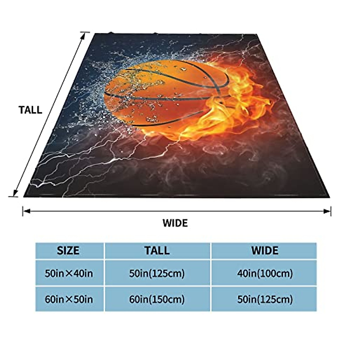 Basketball Fire and Water Throw Blankets, Custom Basketball Sport Flannel Fuzzy Blanket for Kids and Adults Bed Blankets (50"x 40")