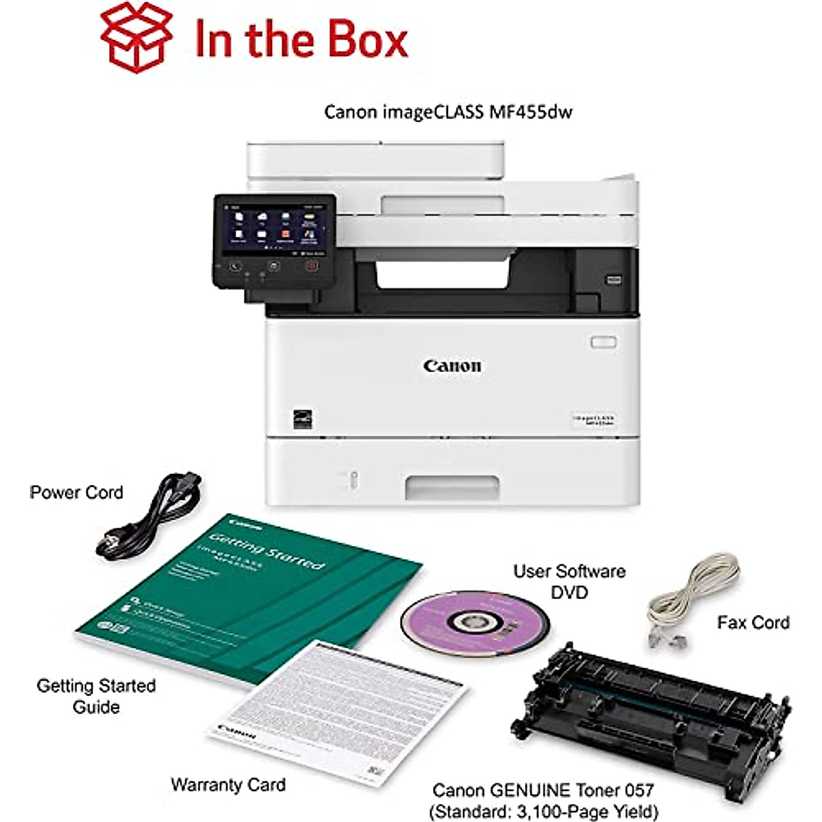 Canon imageCLASS MF455dw All-in-One Wireless Monochrome Laser Printer, White - Print Scan Copy Fax - 40 ppm, 600 x 600 dpi, 1GB Memory, Auto 2-Sided Printing, 8.5x14 Legal, 5" Touch Panel, Ethernet