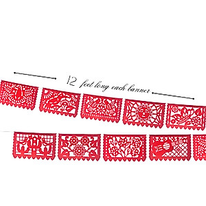 Red Papel Picado Flags, Fiesta Party Decoration, Mexican Paper Banner, Garland, Bunting, Streamers for Birthday Parties, Baby Showers, quinceaneras, Bridal Shower, Engagement Weddings 5 pk | 60ft