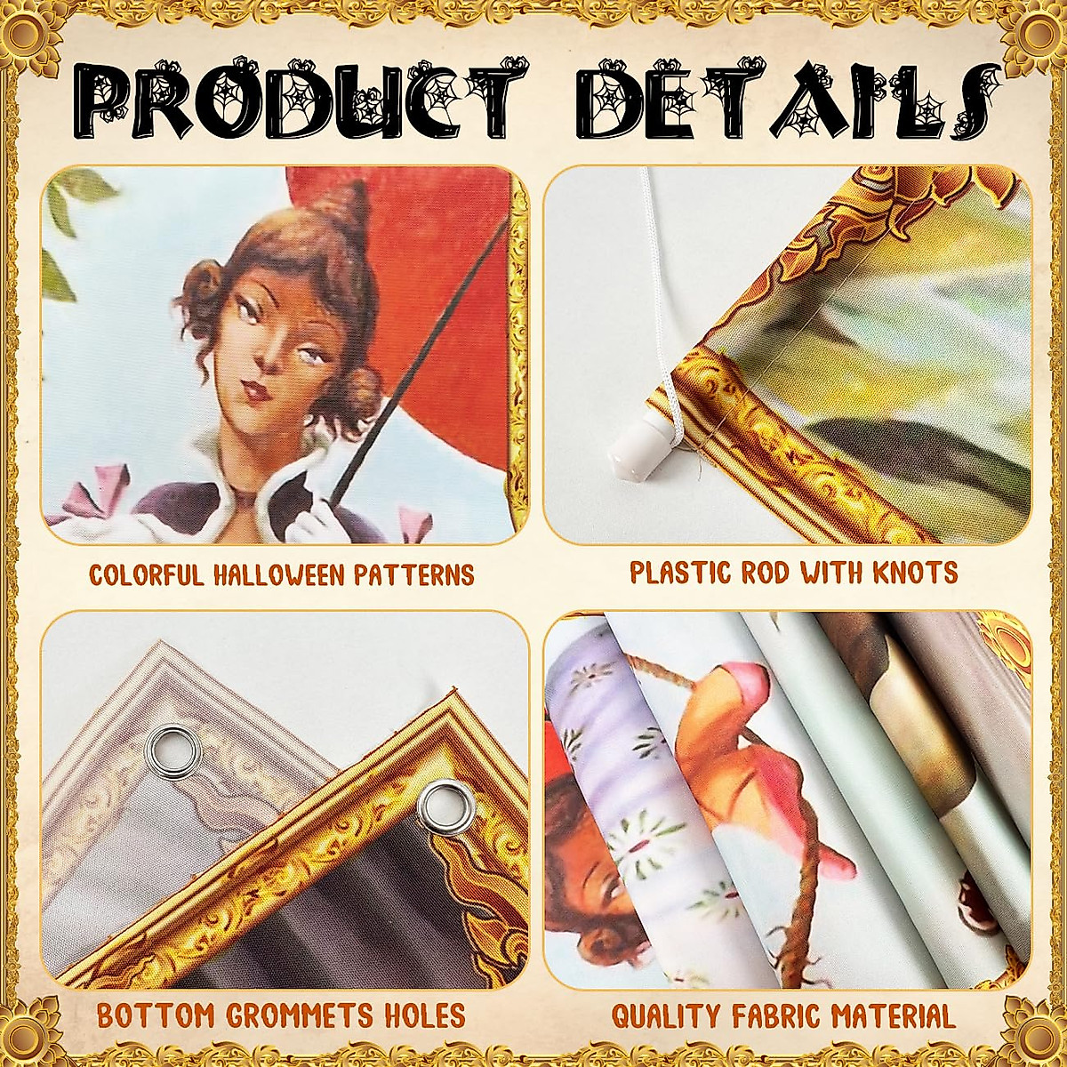 4pcs Haunted Mansion Stretching Portraits Outdoor Halloween Decoration, Haunted Mansion Porch Sign Banner Halloween Vintage Banner for Home Wall Hanging Decor