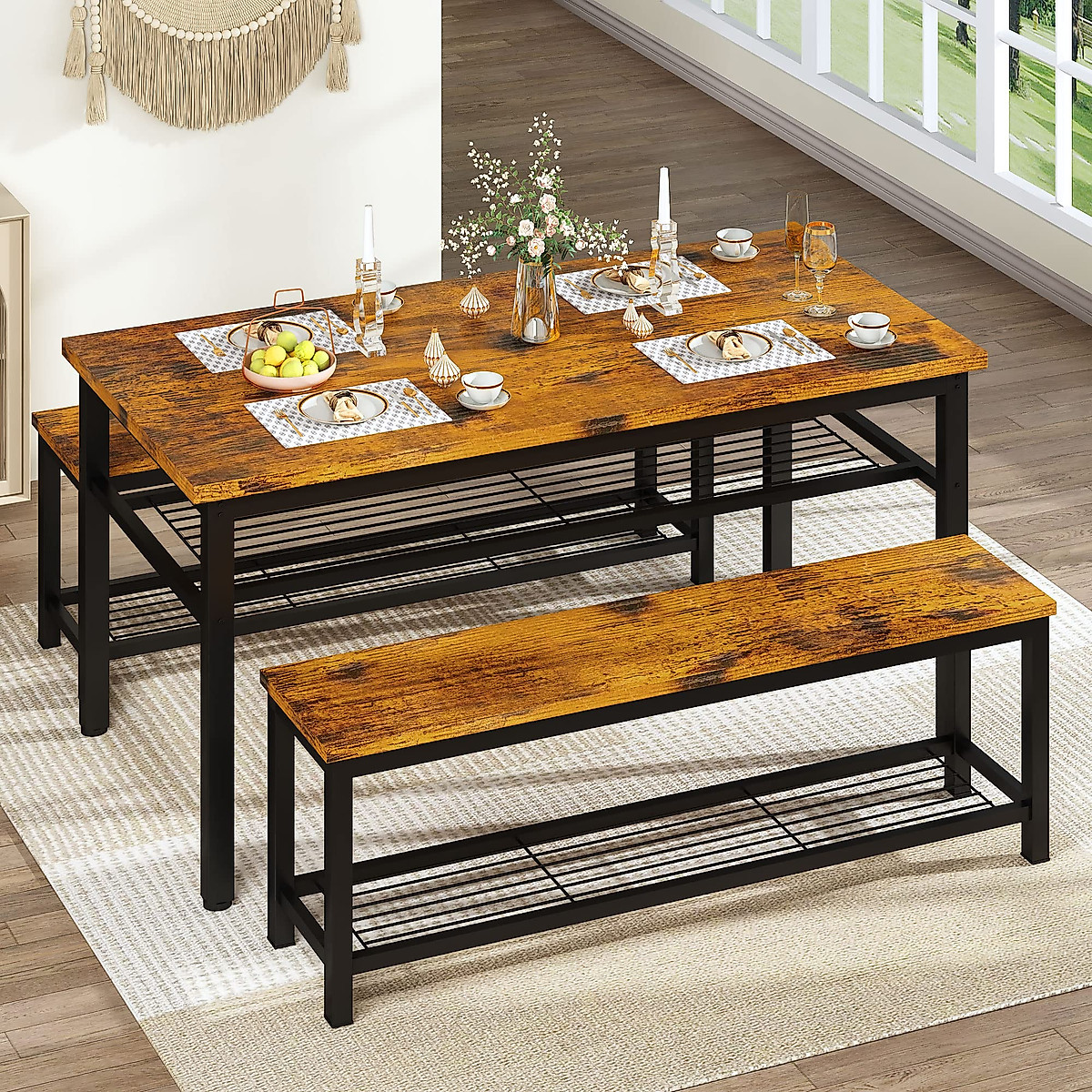 AWQM 43.3" Dining Table Set for 4, Kitchen Dining Table with 2 Benches, Dining Room Table Set with Metal Frame & Storage Rack for Kitchen, Restaurant, Rustic Brown