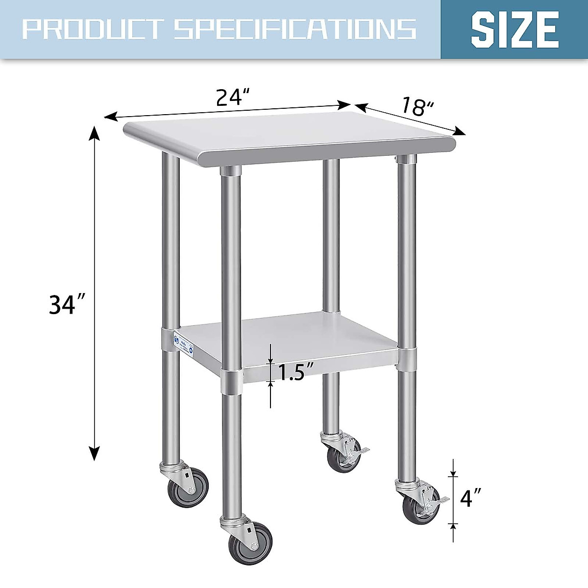 Hally Stainless Steel Table for Prep & Work 24 x 18 Inches with Caster Wheels, NSF Commercial Heavy Duty Table with Undershelf and Galvanized Legs for Restaurant, Home and Hotel