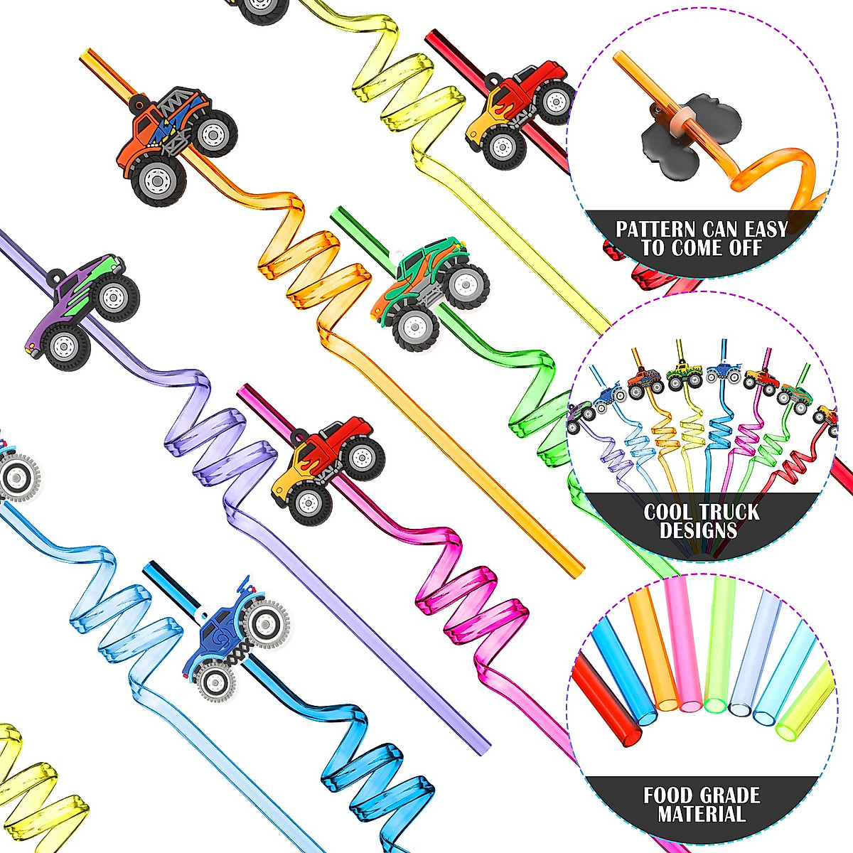 24 Pcs Truck Themed Straws 6 Styles Crazy Straws Reusable Colorful Twisty Plastic Drinking Straws Truck Birthday Party Race Car Party Supplies Baby Shower Favors for Kids Boys