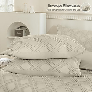 JELLYMONI Cream Grey Duvet Cover Twin Size - 3 PCS Microfiber Tufted Duvet Cover Set, Boho Textured Duvet Cover Jacquard Rhombus Geometric Pattern Duvet Cover with Corner Ties & Zipper Closure
