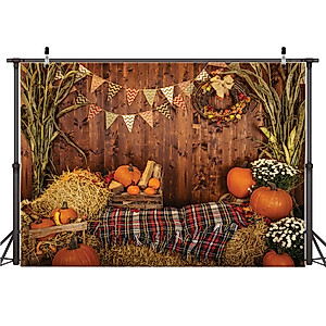 AIIKES 8x6FT Fall Thanksgiving Photo Backdrop Rustic Wood Board Barn Harvest Photography Background Autumn Pumpkin Leaves Flower Baby Birthday Portrait Party Decoration Photo Studio Booth Props 11-741