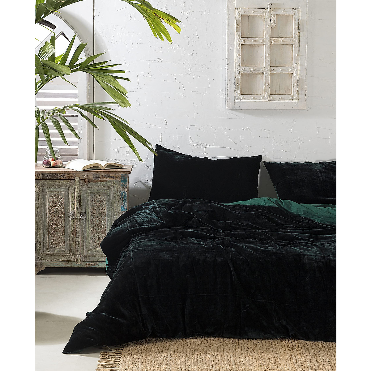 Labhanshi 3 Pieces Set Luxury Crushed King Size Moss Green Velvet Duvet Cover Boho Bedding UO Comforter Cover Donna Cover Quilt Cover Duvet Velvet Bedding King Size