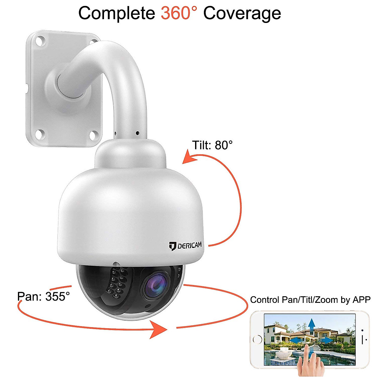 Dericam Wireless Security Camera Outdoor, WiFi PTZ Camera, 1080P Full HD, 4X Optical Zoom, Pan/Tilt/Zoom, Night Vision, Pre-Installed 32GB Memory Card, Motion Detection