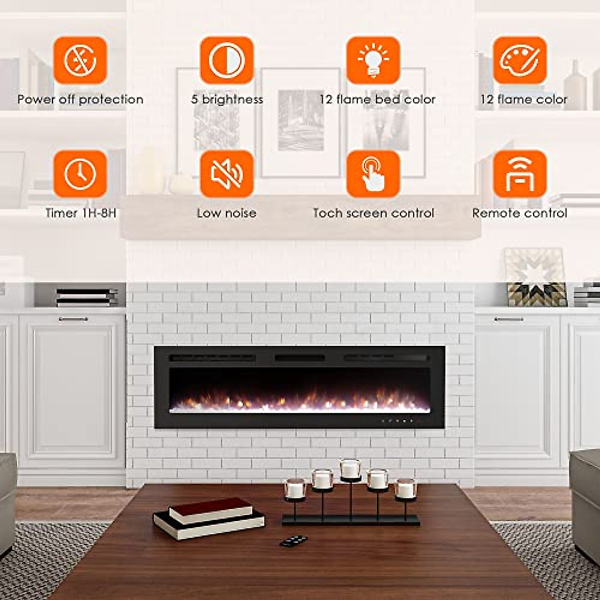60 Inch Electric Fireplace Insert, Wall-Mounted, Remote Control, Linear Design, 750/1500W.