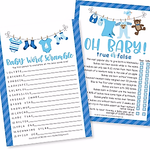 25 Blue Animal Matching, 25 Nursery Rhyme Game, 25 Word Scramble For Baby Shower, 25 True Or False Game, 25 Who Knows Mommy Best, 25 Baby Prediction And Advice Cards - 6 Double Sided Cards
