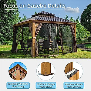 RITSU 12'x12' Hardtop Gazebo, Outdoor Permanent Metal Pavilion with Galvanized Steel Double Roof, Wooden Coated Aluminum Frame Canopy with Bugs Netting, Privacy Curtains, for Patio, Deck and Lawn