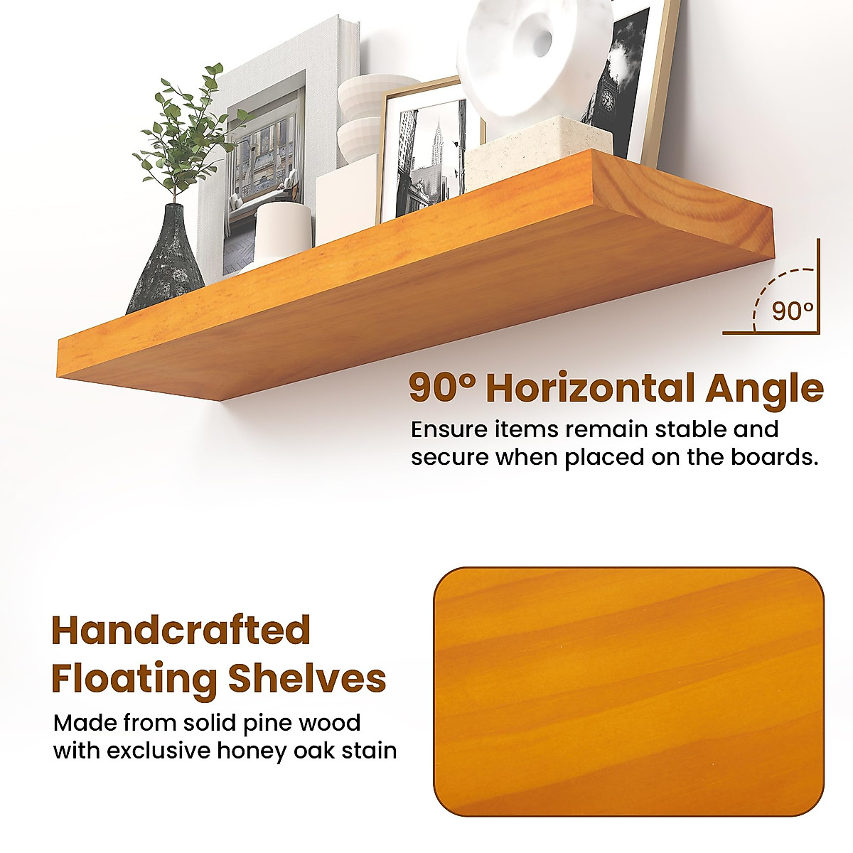 Fun Memories Wood Floating Shelves Set of 2, Rustic Pine Wood Floating Shelves for Wall Mounting, Wide Wall Shelves for Home Decor and Storage, 16" W x 7" D, Honey Oak