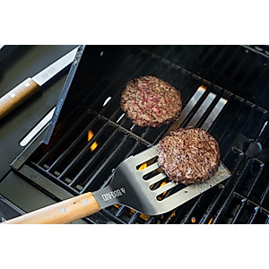 BBQ-AID Pro BBQ Metal Spatula - 17" Barbecue Spatula Stainless Steel with Serrated Knife Edge -Solid & Sturdy Turner Spatula- Acacia Wood Handle- Heavy Duty Built to Last Kitchen Spatula