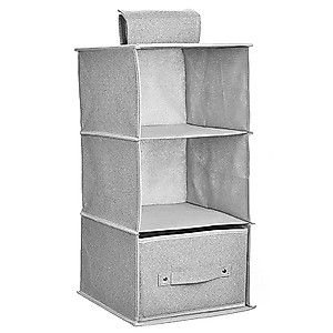 Hanging Closet Organizer with Drawer,Easy Mount Foldable 3-Shelf Closet Hanging Storage Shelves for Clothes Handbag Shoes Accessories Storage,Space Saver,Gray