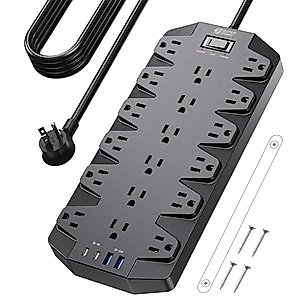 Mountable Power Strip, SUPERDANNY 6-Outlet Surge Protector, 9.8 Ft Extension Cord, 900 Joules, Overload Switch, Multiple Protections, Mountable, Desktop Charging Station for Home, Office, Black