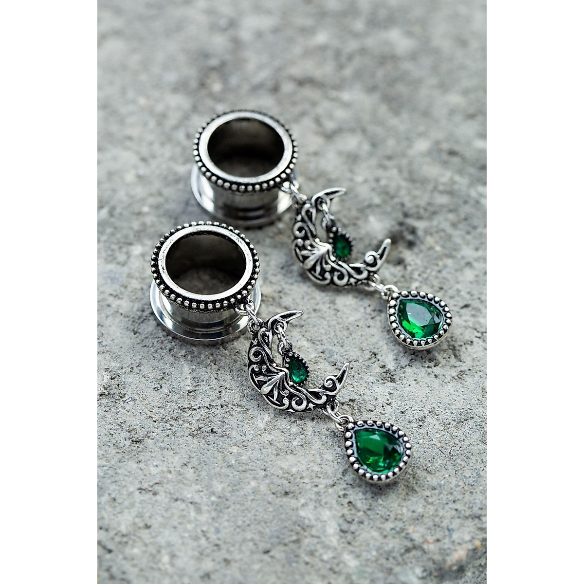 Pierced Owl Vintage Filigree Moon Dangling Vibrant Green Stone Set Flesh Tunnel Plugs, Sold as Pair (10mm (00GA))