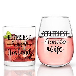 Modwnfy Husband Wife Whiskey Glass & Stemless Wine Glass Set of 2, Wedding Gift Bridal Shower Gift for Couples Newlyweds Bride & Broom Mr & Mrs on Valentine's Day Christmas Anniversary Bachelor Party
