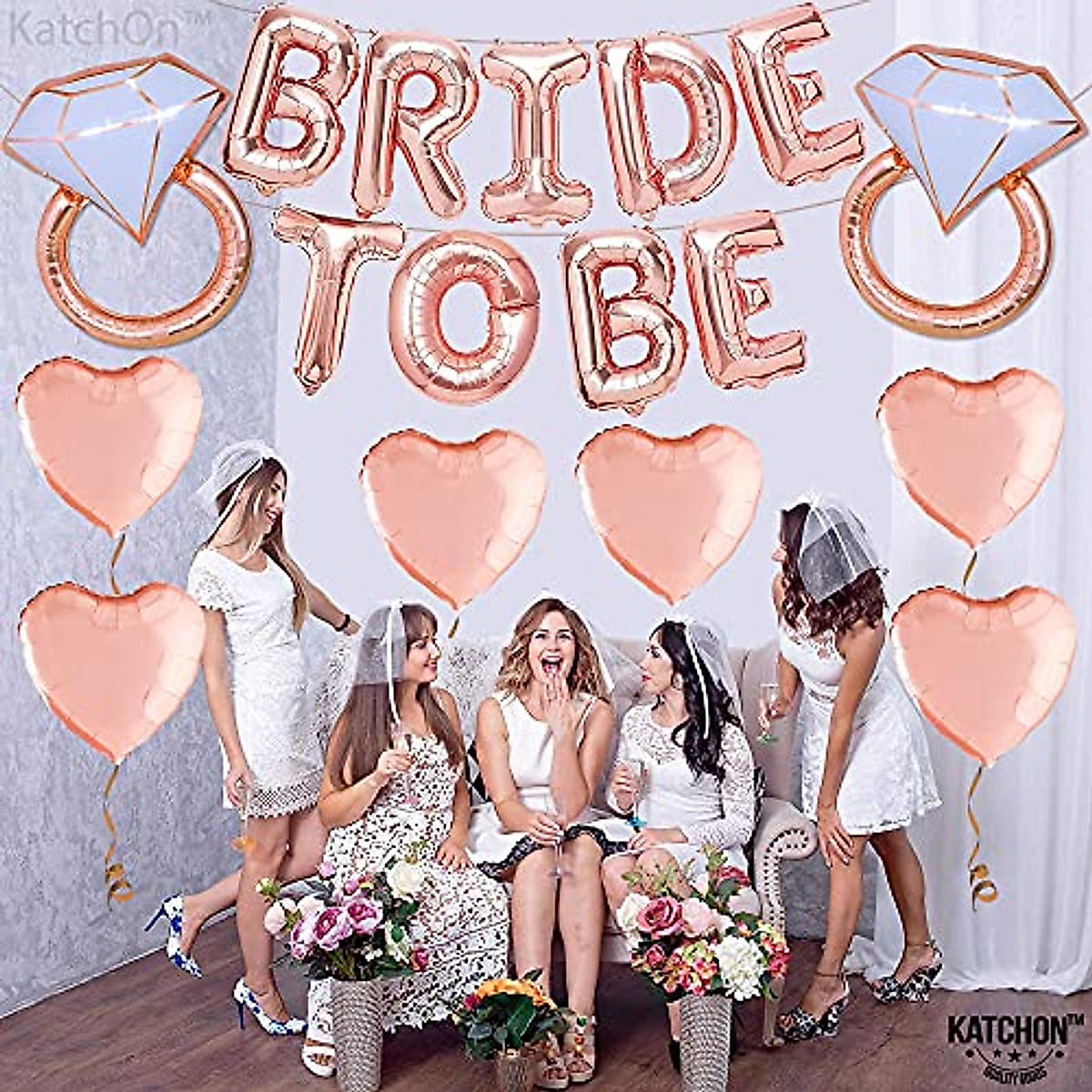 KatchOn, Rose Gold Bride To Be Balloons - 32 Inch Diamond Ring Balloon, Rose Gold Bride Balloons and Heart Balloons | Bachelorette Party Decorations | Bridal Shower Decorations | Bachelorette Balloons