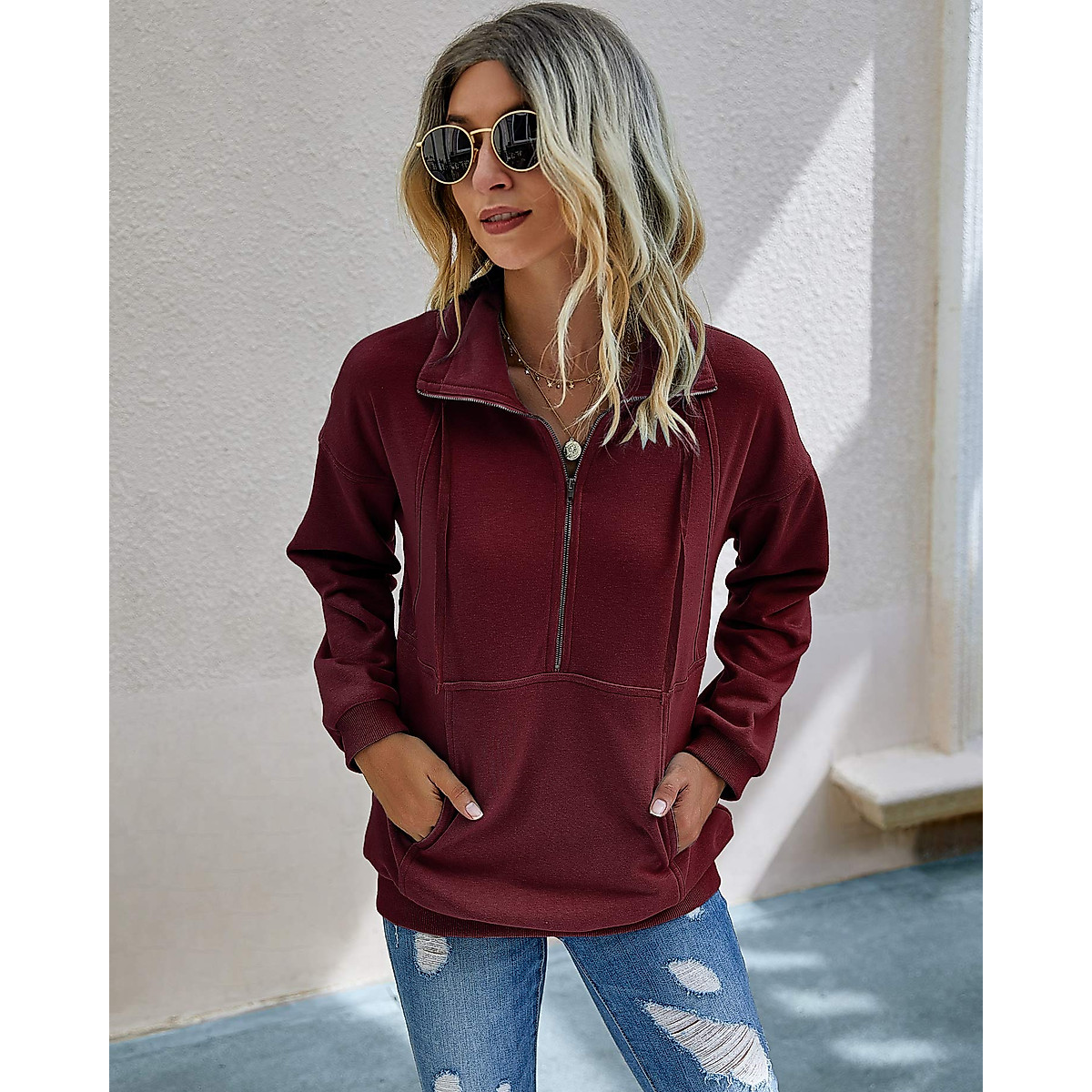 PRETTYGARDEN Women’s Casual Long Sleeve Lapel Zipper Sweatshirt Drawstring Loose Pullover Tops Wine Red