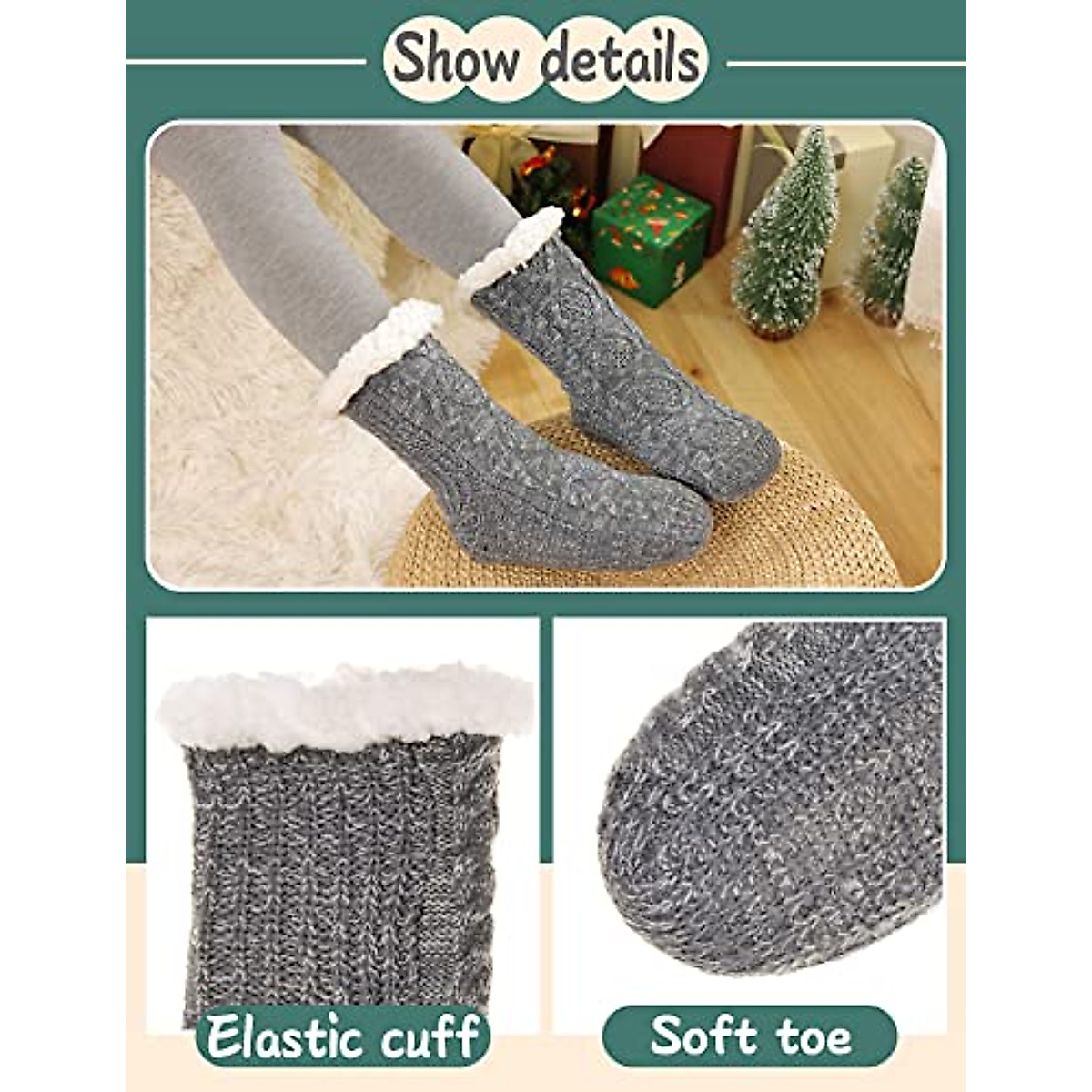 Fuzzy Slipper Socks for Women Fluffy Cozy Cabin Fleece Winter Warm Plush Home Thick Comfy Grips Non Slip Socks Christmas Gift Stocking Stuffer（Knit- Grey Blue）