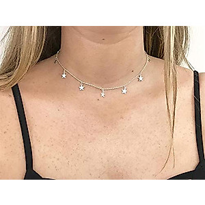 Sora Tuki Silver Star Choker Necklace, 14inch Adjustable, Dainty Jewelry for Women & Teen Girls, 14K Gold Plated