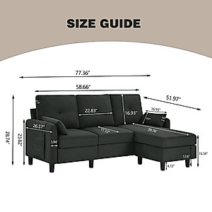 Tornama Convertible Sectional Sofa Couch 3 Seat L Shaped Sofa with Pillows, 77" Linen Fabric Small Couch with Reversible Chaise and Side Pockets for Living Room, Apartment and Office, Black