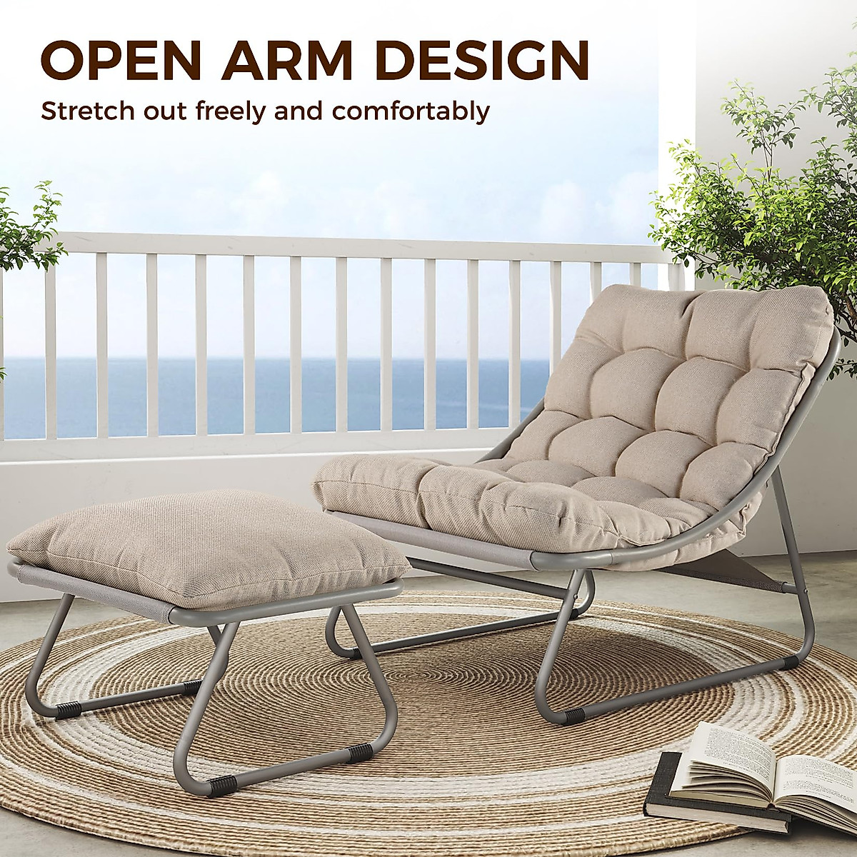 Grand patio Outdoor Lounge Chair with Ottoman Comfy Sling Recliner Chair with Puffy Cushion Samba Modern Patio Furniture Set for Porch Deck Garden Champagne Gray