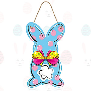 Easter Bunny Wooden Sign Easter Hanging Door Sign Blue Pink Rabbit Shaped Welcome Door Decor with Rope for Easter Home Farmhouse Indoor Outdoor Decorations, 13.4 x 8 Inch (Blue Rabbit with Cute Bow)