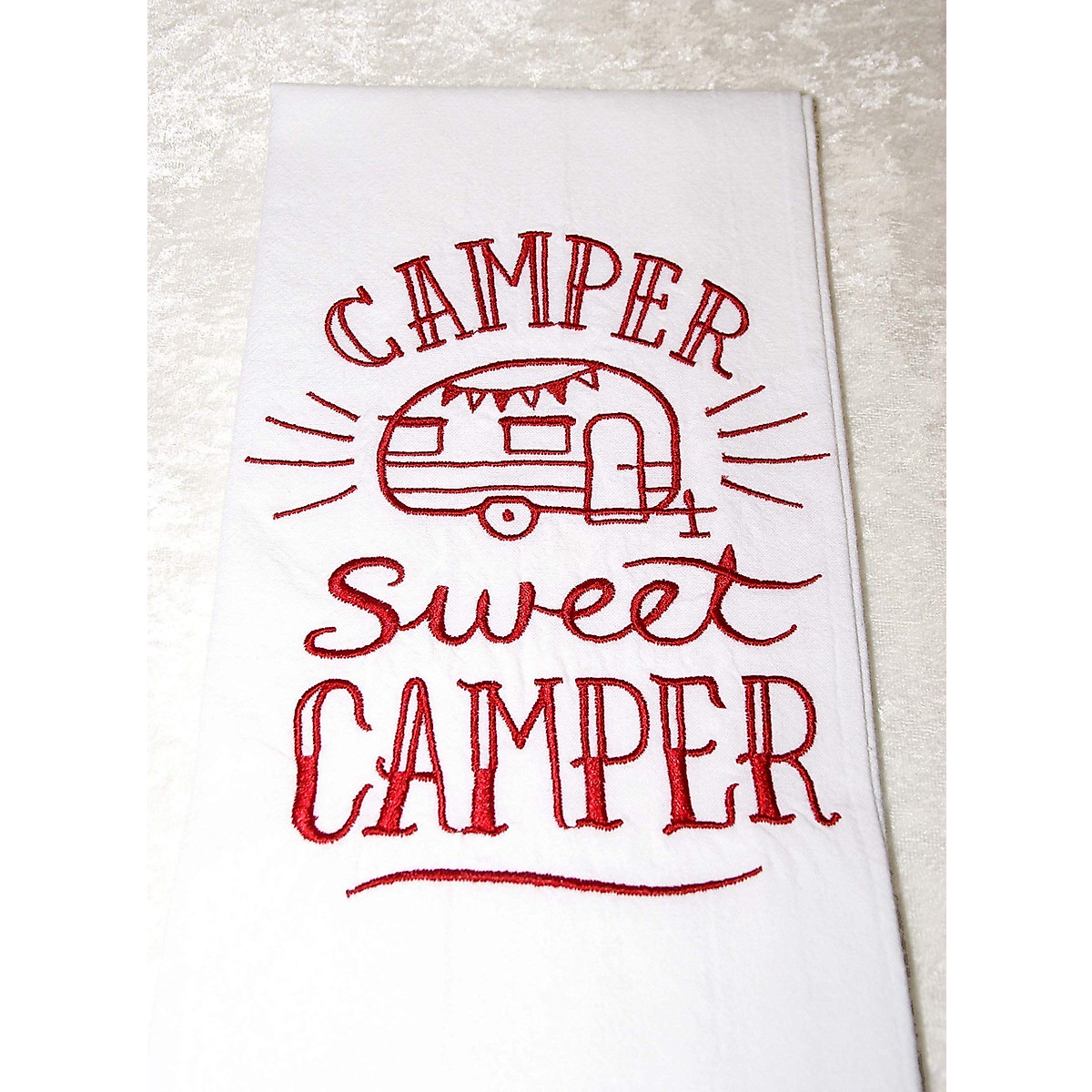 RV Camping Decor - Embroidered Flour Sack Towel - Red on White - Camper Sweet Camper - Handmade by Green Acorn Kitchen