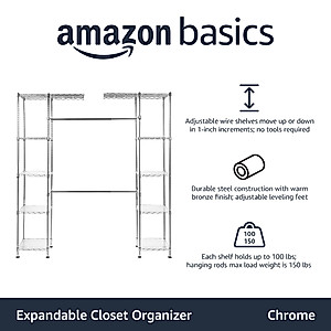Amazon Basics Expandable Metal Hanging Storage Organizer Rack Wardrobe with Shelves, 57-80 x 14 x 72 inches (LxWxH), Chrome