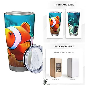Clown Fish Tumbler with Lid and Straw 20oz Stainless Steel Car Cup for Hot and Cold Drinks, Double Wall Insulated Travel Coffee Mug Reusable Drink Thermos Cup Birthday Gifts