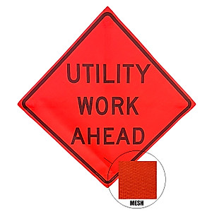 OrangeGear® 48” x 48” MUTCD TTC Compliant Safety Orange Mesh Temporary Traffic Control Rollup Signs (Utility Work Ahead (WITH Ribs))
