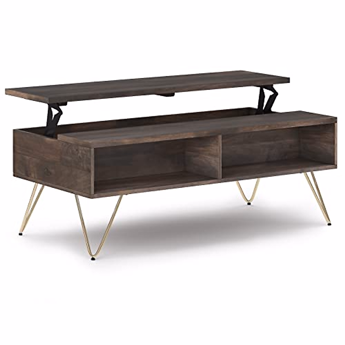 SIMPLIHOME Hunter SOLID MANGO WOOD and Metal 48 Inch Wide Rectangle Industrial Lift Top Coffee Table in Ebony, For the Living Room and Family Room