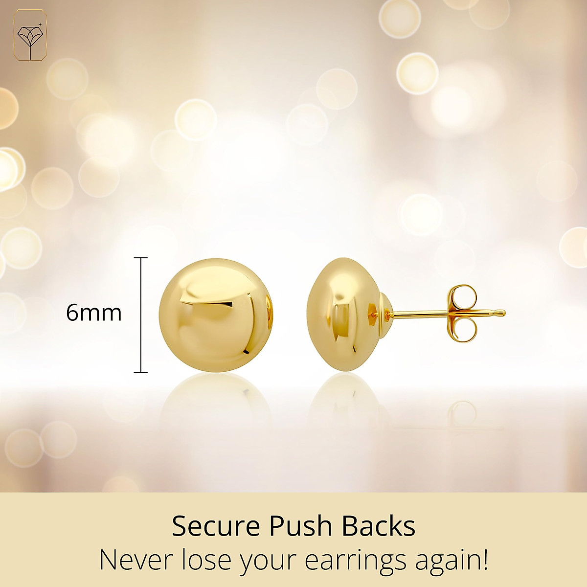 MAX + STONE Yellow Large Gold Ball Earrings for Women 14k Real Gold | 14k Gold Stud Earrings for Women Men | 6MM Real Gold Post Earrings | Half Button Earrings