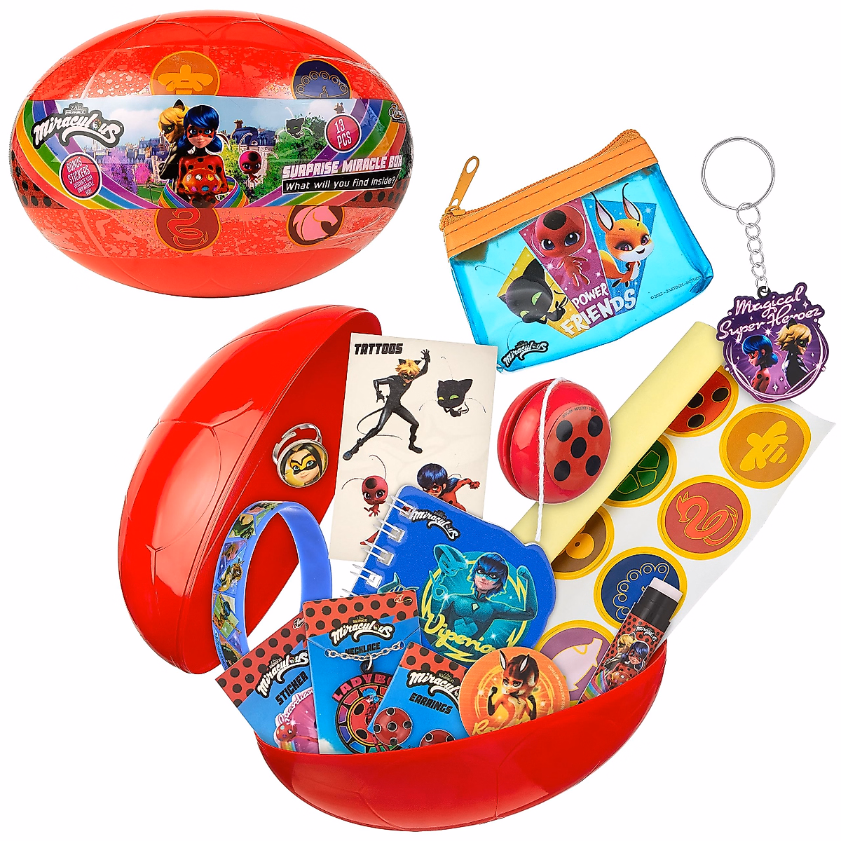 Miraculous 13pc Surprise Miracle Box -Zag Heroez Themed Ladybug And Cat Noir Toys Surprise with Stickers For Kids, Treasure Prizes, Birthday Favors
