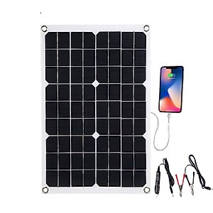 Lixada Solar Panel Charger USB Port Portable High Power Monocrystalline Solar Panel Phone USB Devices Charger & Car Battery Charging Clip Line for Cell Phone Camping RV Boat Marine - 20Watt