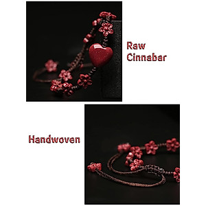 Xgimas Natural Cinnabar Bracelet, Adjustable Handmade Braided Rope Prosperity Flowers Good Lucky Red Heart Shaped Charm Bracelet for Women Men