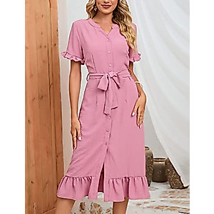 KOJOOIN Women's Button Down Midi Shirt Dress Summer Short Sleeve Tie Waist Split Business Casual Work Long Maxi Dress Dusty Pink XL