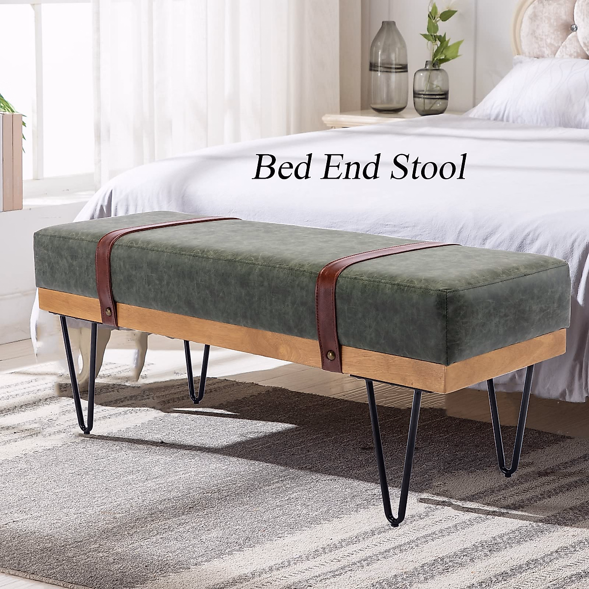 DUOMAY Industrial Modern PU Rectangle Ottoman Bench with PU Strap and Metal Legs, Mid Century Dining Table Bench Footstool Entryway Shoe Bench for Bedroom Dining Room Living Room, Green