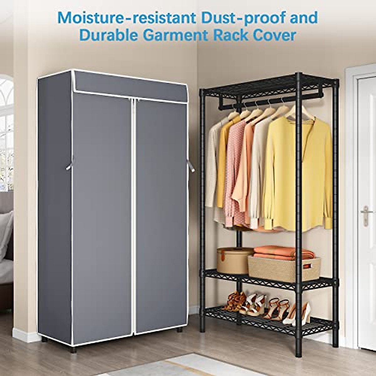 VIPEK V1S 3 Tiers Heavy Duty Garment Racks for Hanging Clothes Portable Closet for Small Spaces Clothes Rack Free Standing Wardrobe, Black Clothing Rack with Grey Oxford Fabric Cover