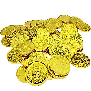 TCOTBE Pirate Gold Coins Plastic Set of 100,Play Gold Treasure Coins for Play Favor Party Supplies, Pirate Party, Treasure Hunt Game and Party Favors