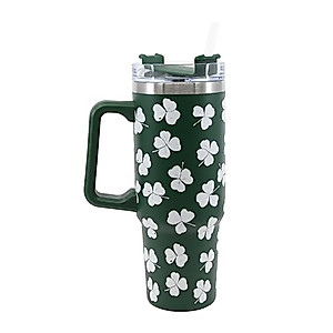Envie 30 oz St Patrick Day Tumbler Mug with White Shamrocks, Reusable Insulated Mug with Handle, Lid and Straw, Stainless Steel Tumbler for Iced & Hot Beverages