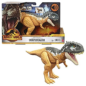 Mattel Jurassic World Dominion Roar Strikers Dinosaur Action Figure with Roaring Sound & Attack Action, Skorpiovenator Dino Toy Includes Digital Play