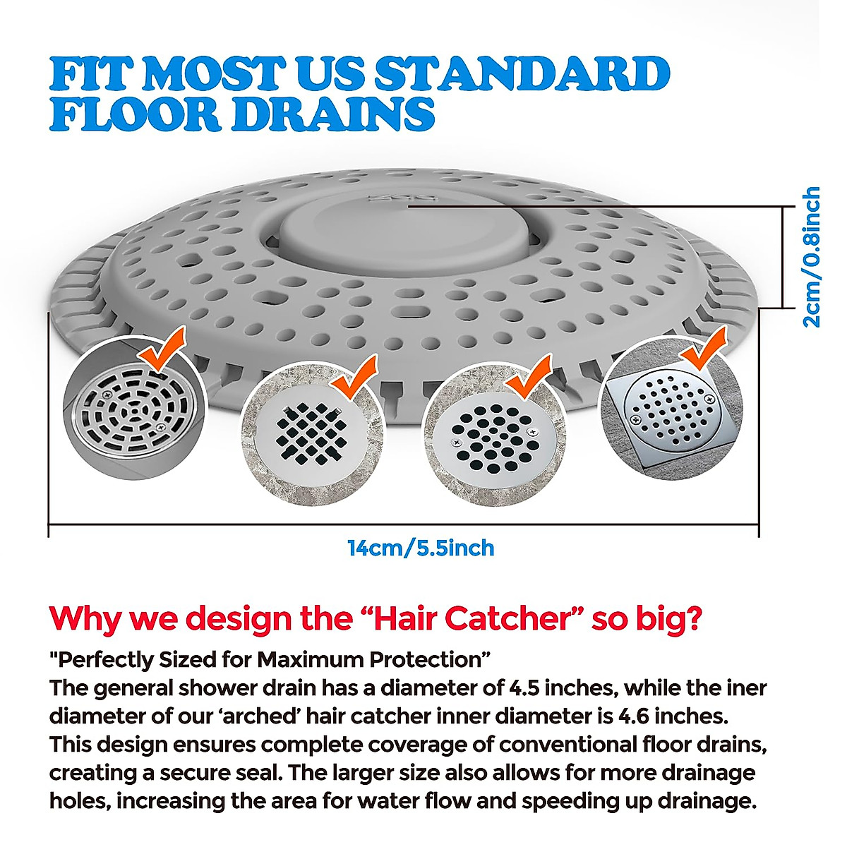 zaa Shower Drain Hair Catcher, Premium Silicone Drain Protector & Shower Drain Cover for Regular Drains of Shower Room, Bathroom, Gray